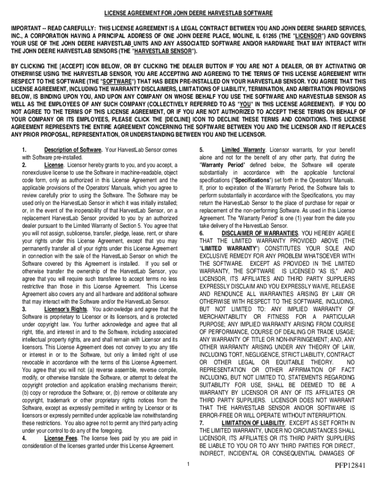 Fillable Online www.deere.comassetspdfsLICENSE AGREEMENT FOR JOHN DEERE EMBEDDED SOFTWARE ...