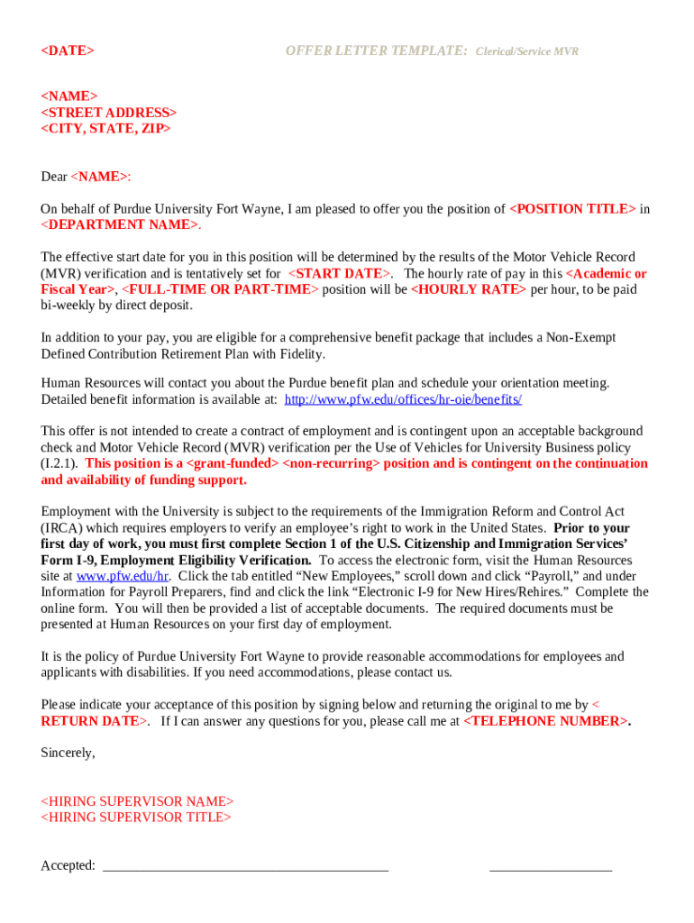 Sample-offer letter/hourly staff Doc Template | pdfFiller