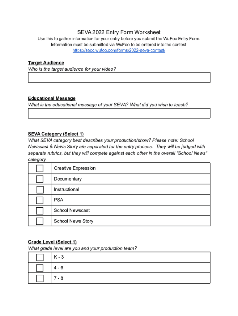 Fillable Online SEVA 2022 Entry Form Worksheet Fax Email Print - pdfFiller