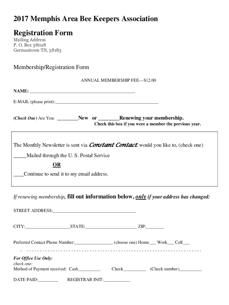 Fillable Online 2017 Memphis Area Bee Keepers Association Registration ...