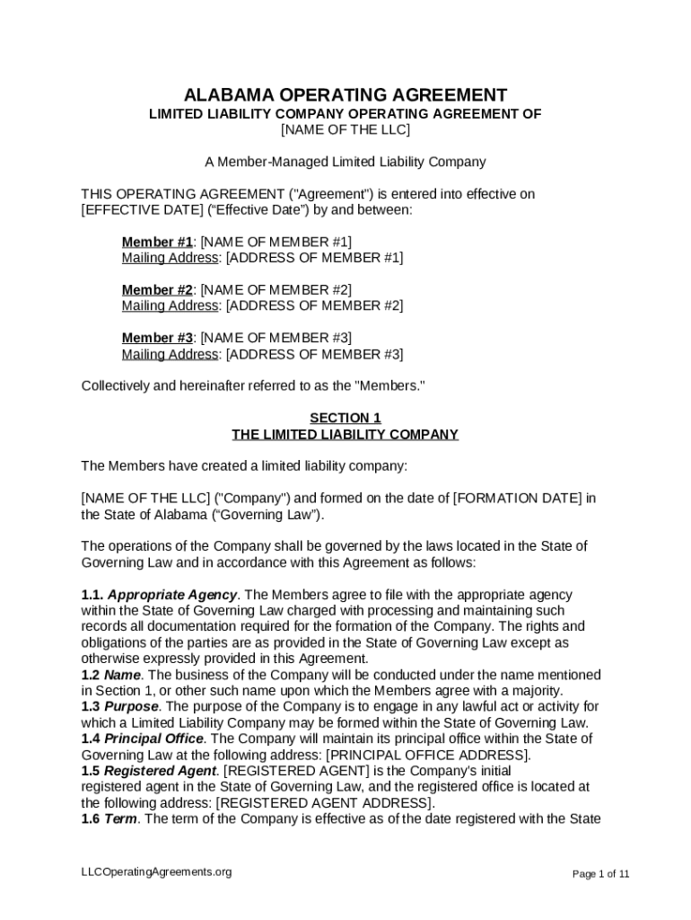 Free Alabama LLC Operating Agreement Templates - PDFFree Alabama LLC ...