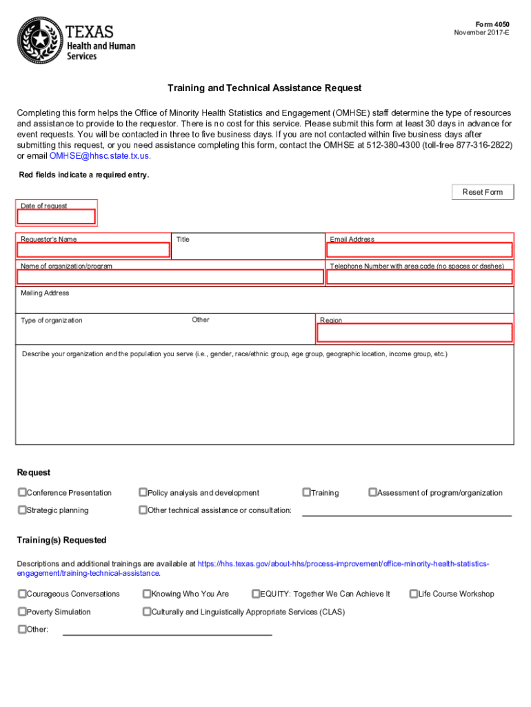 Fillable Online Training and Technical Assistance Request. Form 4050 Fax Email Print - pdfFiller
