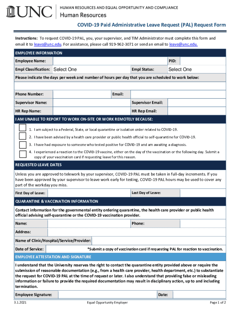 Fillable Online hr unc COVID-19 PAL Request Form. U0010639.2/font6 Fax ...