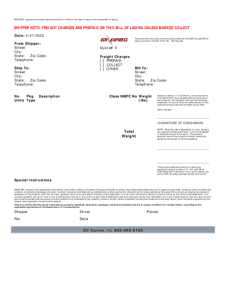 Fillable Online Uniform Straight Bill Of Lading Original - pdfFiller ...