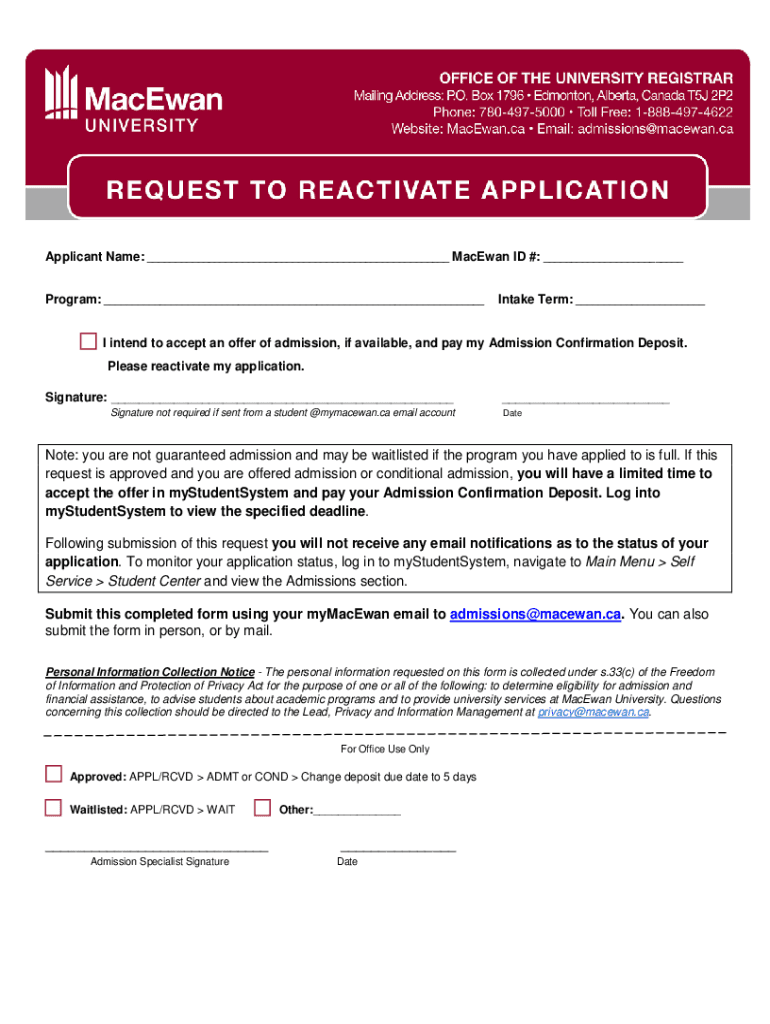 Fillable Online Request to Reactivate Application Form - MacEwan University. Request to ...