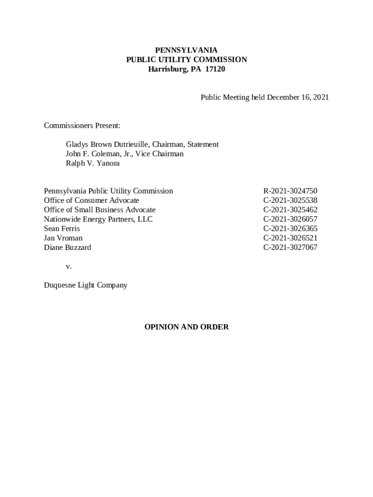 PENNSYLVANIA PUBLIC UTILITY COMMISSION Harrisburg, PA 17120 Public ... Doc Template | pdfFiller