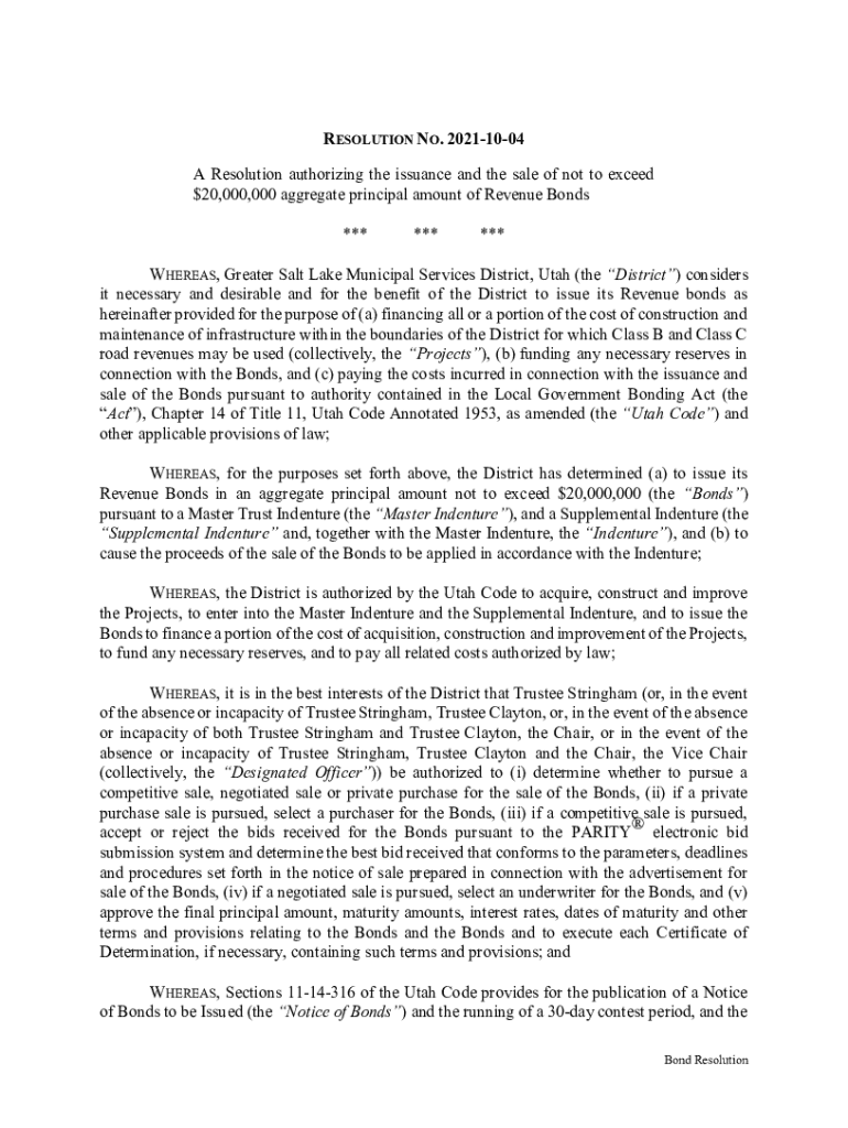 Fillable Online Bond Resolution - MSD Revenue Bonds Series 2021 (10-20 ...