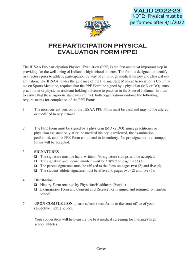 Fillable Online IHSAA Pre-Participation Physical Evaluation Form (PPE ...