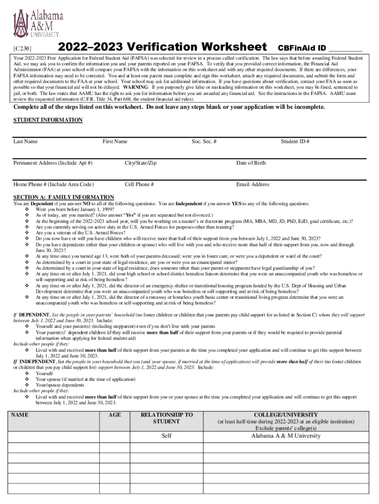 Fillable Online Get the free 20222023 Verification Worksheet Independent Student (V1) Fax Email ...