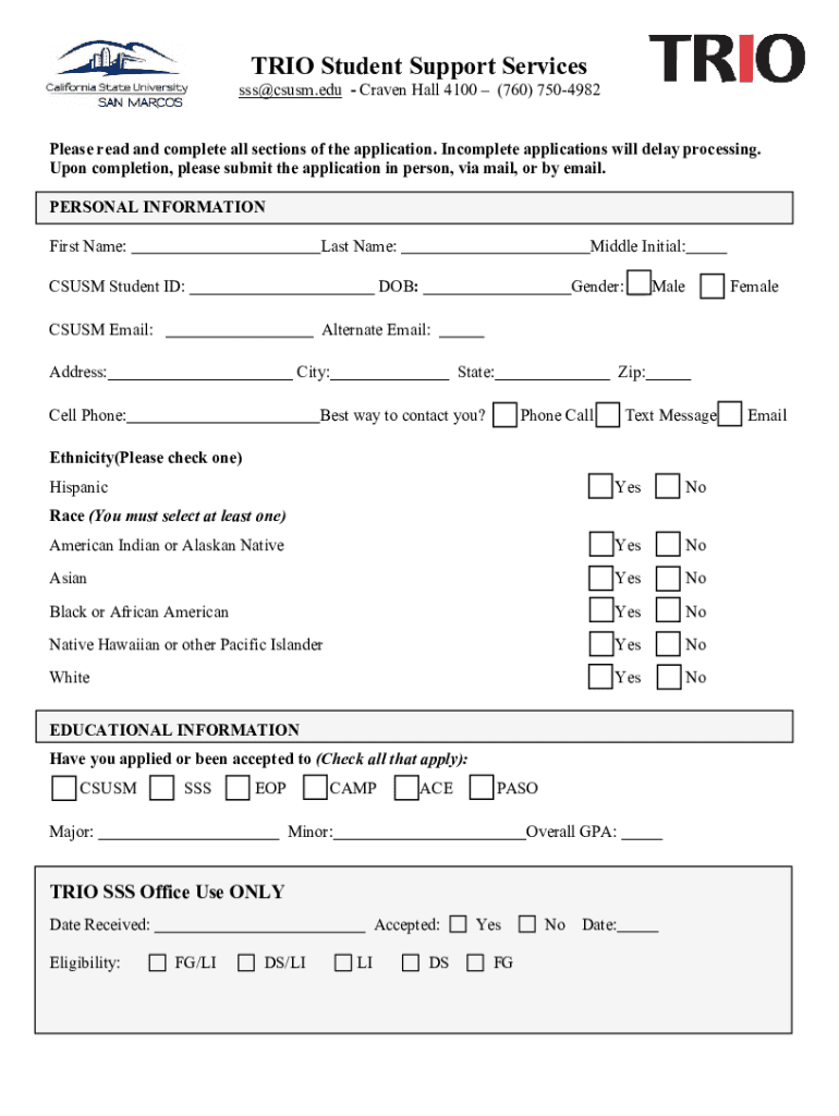 Fillable Online www.csusm.edusssapplyingtosssApplying to SSSTRIO ...