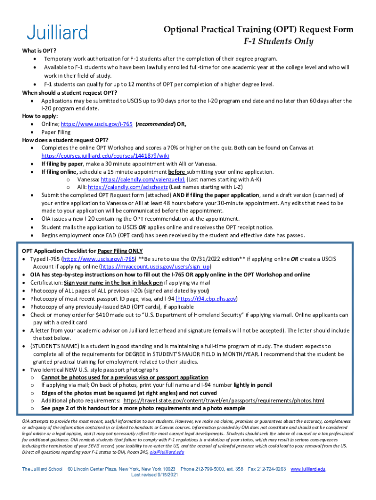 Fillable Online Optional Practical Training (OPT) for F-1 ...