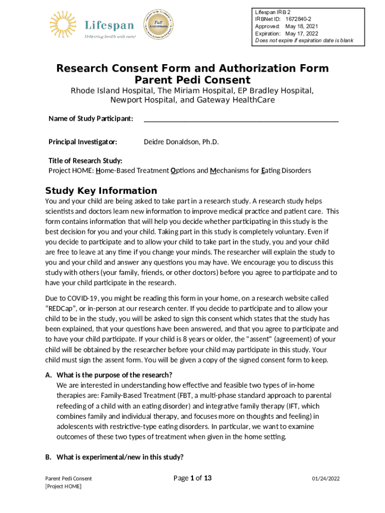 Fillable Online Research Consent Form and Authorization Form Parent ...