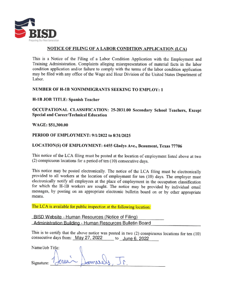 Fillable Online www.immihelp.comsample-notice-of-laborSample Notice of ...