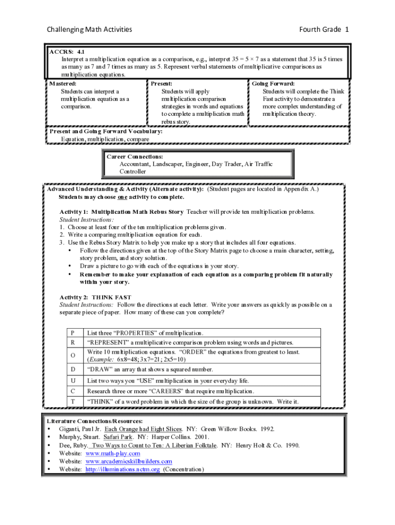 Fillable Online 4.OA.1 Write a multiplication equation to match each ...