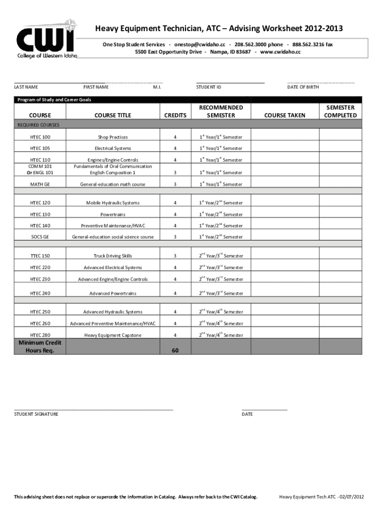 Fillable Online Fillable Online Heavy-Duty Truck Technician TC Advising ...