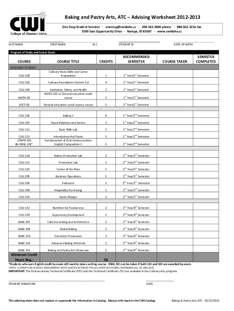 Fillable Online Baking and Pastry Arts ATC Advising Worksheet.docx Fax ...
