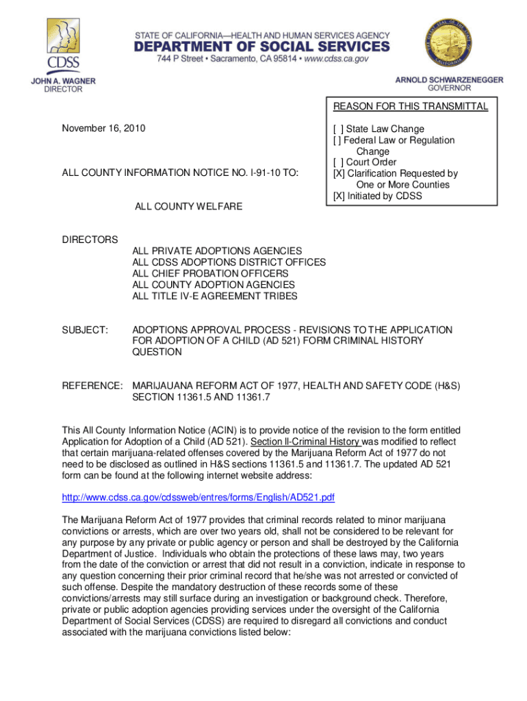 Fillable Online cdss ca I-91-10. ADOPTIONS APPROVAL PROCESS - REVISIONS ...