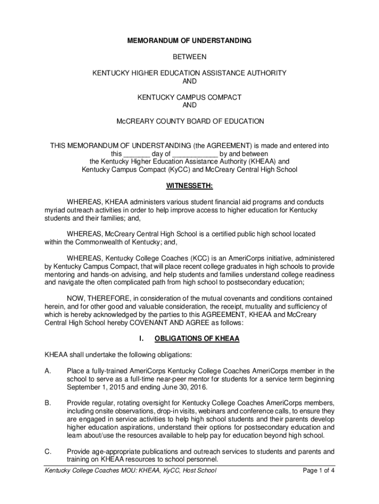 Fillable Online MEMORANDUM OF UNDERSTANDING BETWEEN AND THE KENTUCKY CENTER FOR ... Fax Email ...