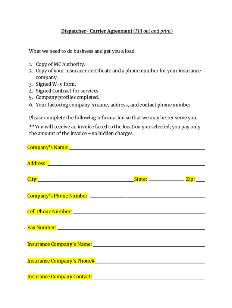 Fillable Online Dispatcher Carrier Agreement Template - Fill Online, Printable ... Fax Email ...