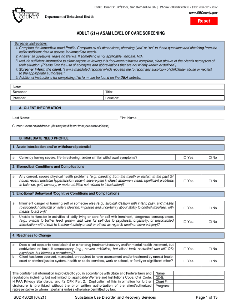 ADULT (21+) ASAM LEVEL OF CARE SCREENING Reset: Fill out & sign online ...