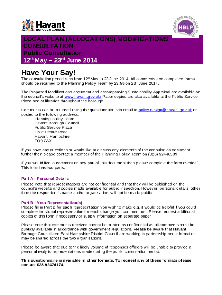 Local Plan Pre Hearing Modifications consultation response PHM0028 resident Doc Template | pdfFiller