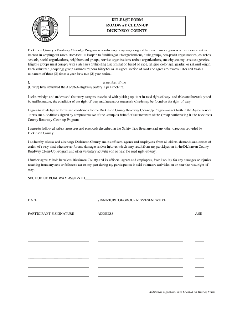 Fillable Online RELEASE FORM ROADWAY CLEAN-UP DICKINSON COUNTY Fax ...
