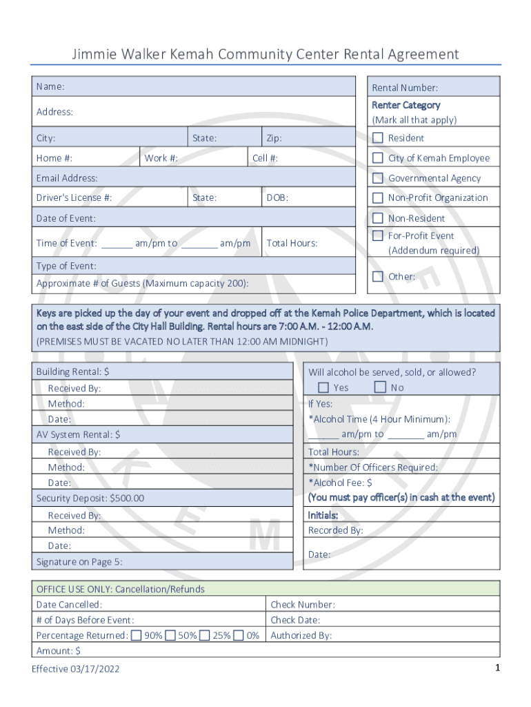 Fillable Online Fillable Online Jimmie Walker Kemah Community Center Rental Agreement ... Fax ...