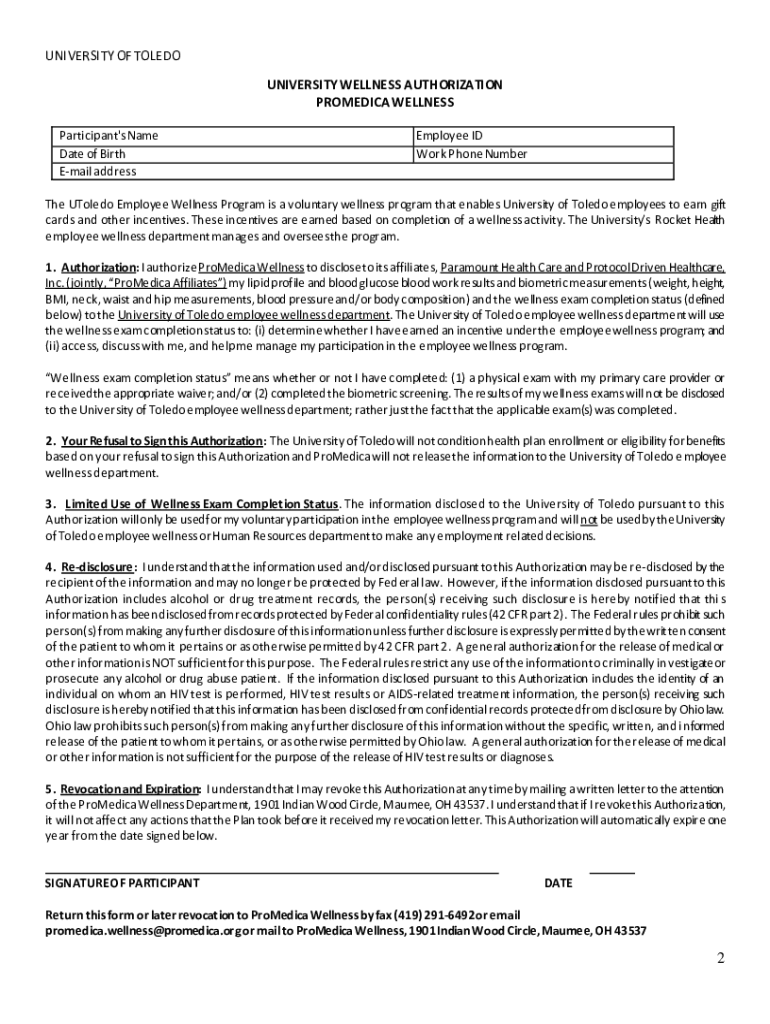 Fillable Online Employee Wellness Incentive Programs - University of Toledo Fax Email Print ...