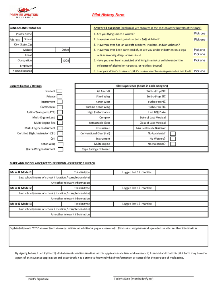 Fillable Online www.signnow.com26385-pilot-history-formPilot History ...