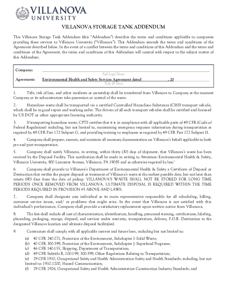 Fillable Online www1 villanova Form of Storage Tank Addendum Fax Email ...