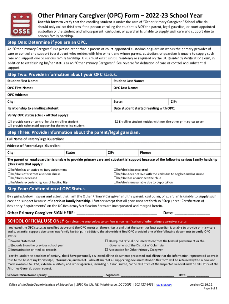 Fillable Online osse dc Other Primary Caregiver (OPC) Form 2022-23 ...