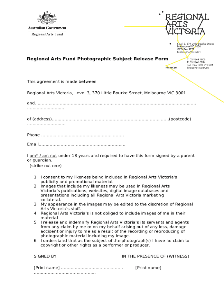 Regional Arts Victoria Photographic Subject Release Doc Template ...