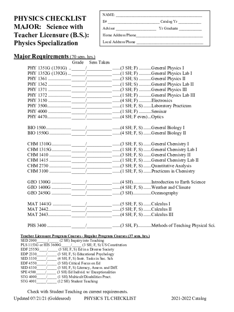 Fillable Online repository.eiu.eduphysicspdfPHYSICS CHECKLIST MAJOR ...