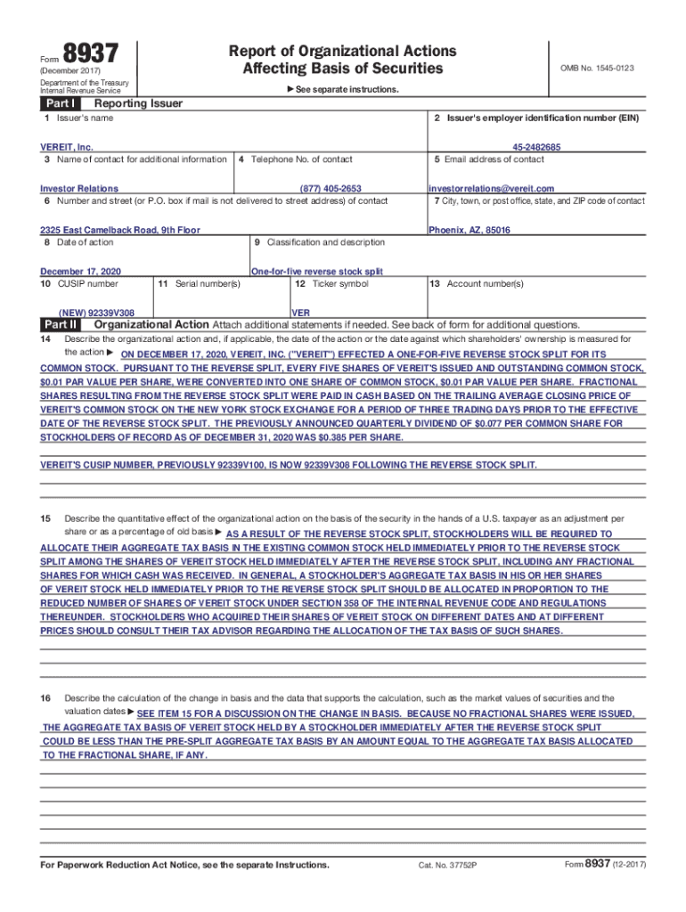 Fillable Online Federal Form 8937 (Report of Organizational Actions ...