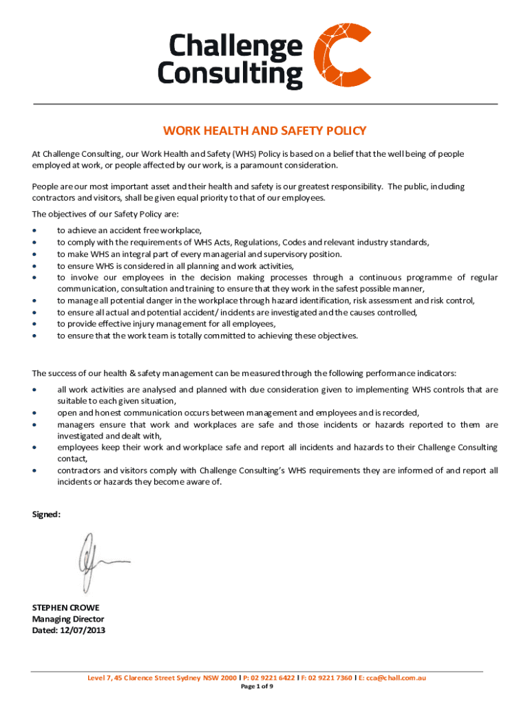 Fillable Online Policy u2013 Work Health and Safety (WHS).docx - Policy ...