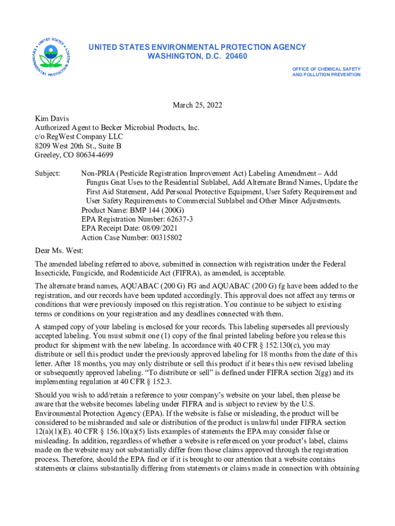 Fillable Online US EPA, Pesticide Product Label, BMP 144 (200 G),03/25 ...