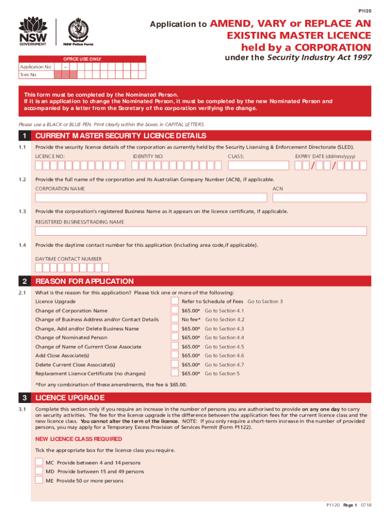 Fillable Online www.police.nsw.gov.auservicessecurityP1120 Application to AMEND, VARY or REPLACE ...