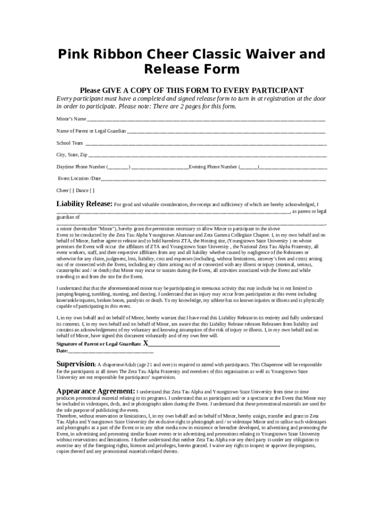Pink Ribbon Cheer Classic Waiver and Release Doc Template | pdfFiller