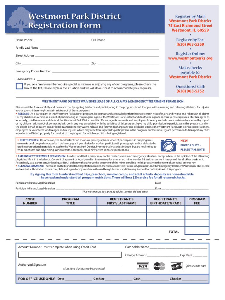 Fillable Online Westmont Park District Register by Mail: Registration ...