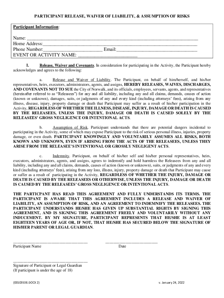 Fillable Online RELEASE OF LIABILITY, WAIVER OF CLAIMS, ASSUMPTION OF RISKS AND - Jotform Fax ...