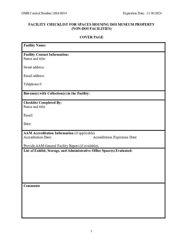 Fillable Online Facility Checklist for Spaces Housing DOI Museum Property (Non-DOI Facilities ...