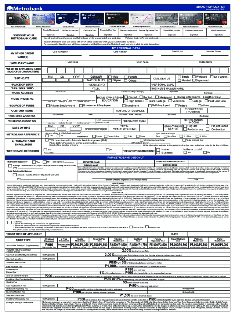 Fillable Online Metrobank Branch Application Form (IMAGES) Fax Email ...
