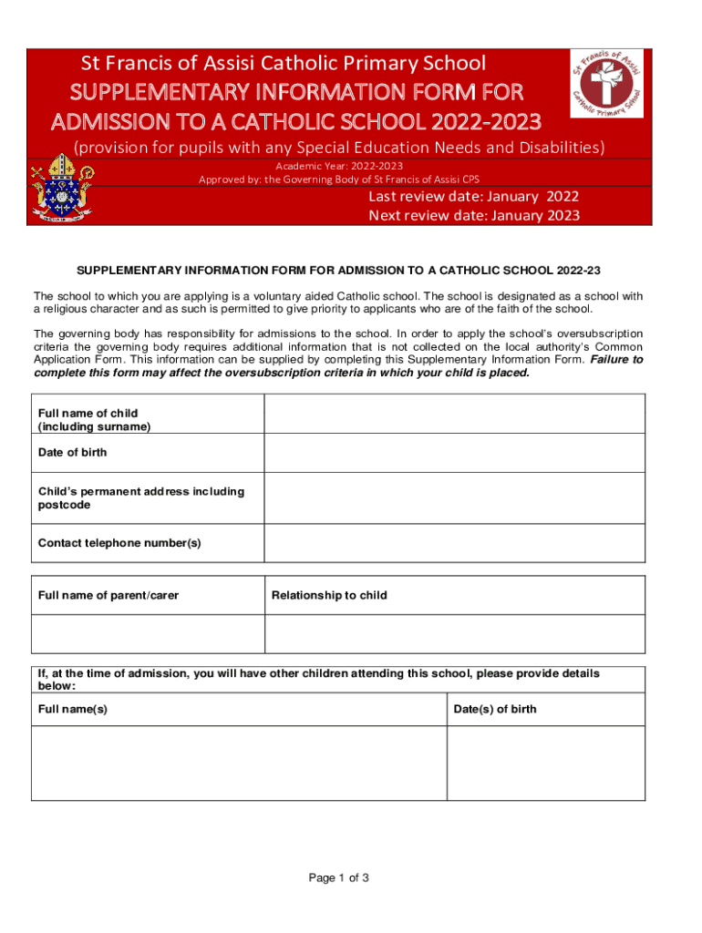 Fillable Online Supplementary Information formSt. Francis of Assisi ...