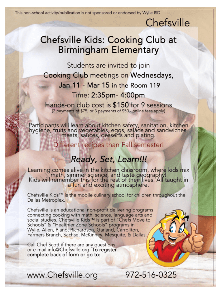 Fillable Online Chefsville Kids: Birmingham Elementary Cooking Club Fax ...