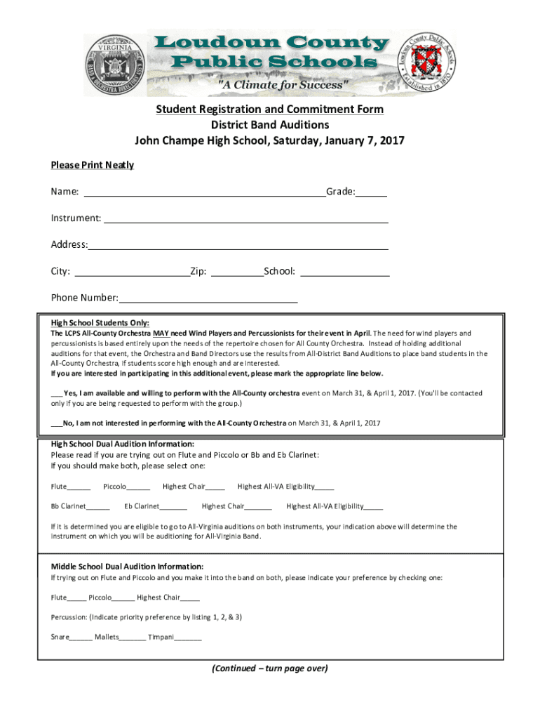 Fillable Online Student Registration and Commitment Form - lcps.org Fax ...