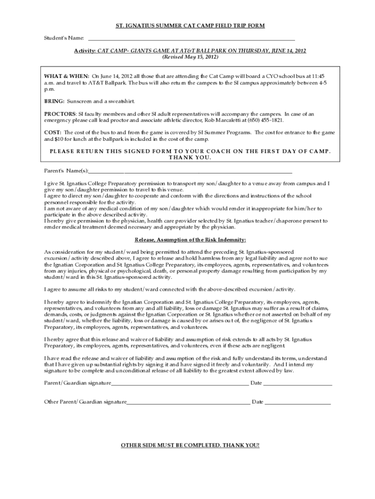 Fillable Online www.siprep.orgDocumentsCatCampST. IGNATIUS SUMMER CAT CAMP FIELD TRIP FORM ...