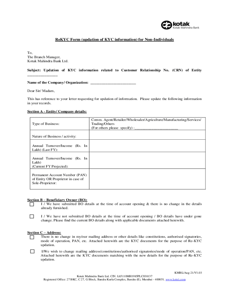 Fillable Online Re - KYC Form (updation of KYC information for ...