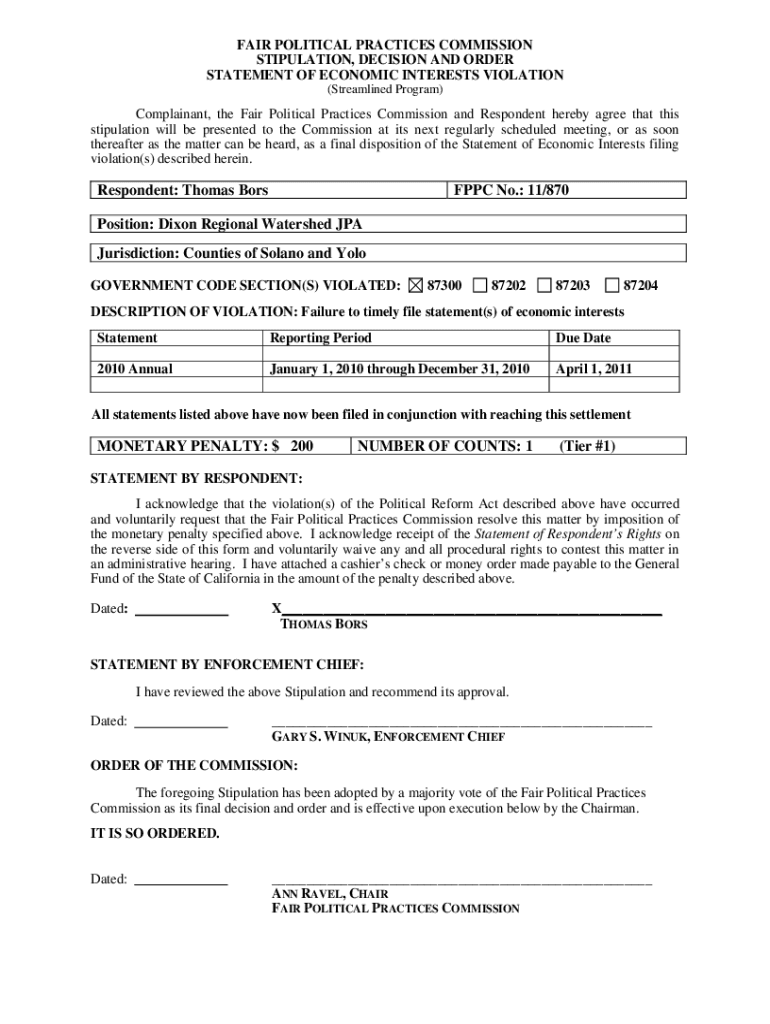 Fillable Online Respondent: Thomas Bors FPPC No.: 11/870 Position: Dixon ... Fax Email Print ...