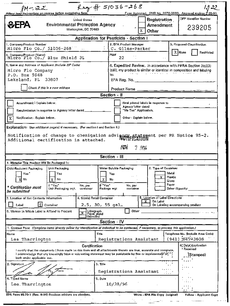 Fillable Online www3.epa.govpesticideschemsearchi., Pi'.$e Registration ...