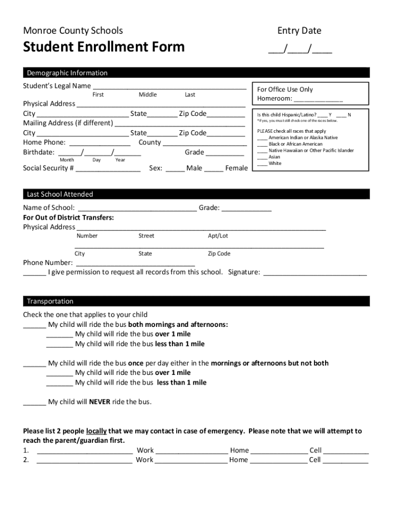 Fillable Online Monroe County Schools Entry Date Student Enrollment ...